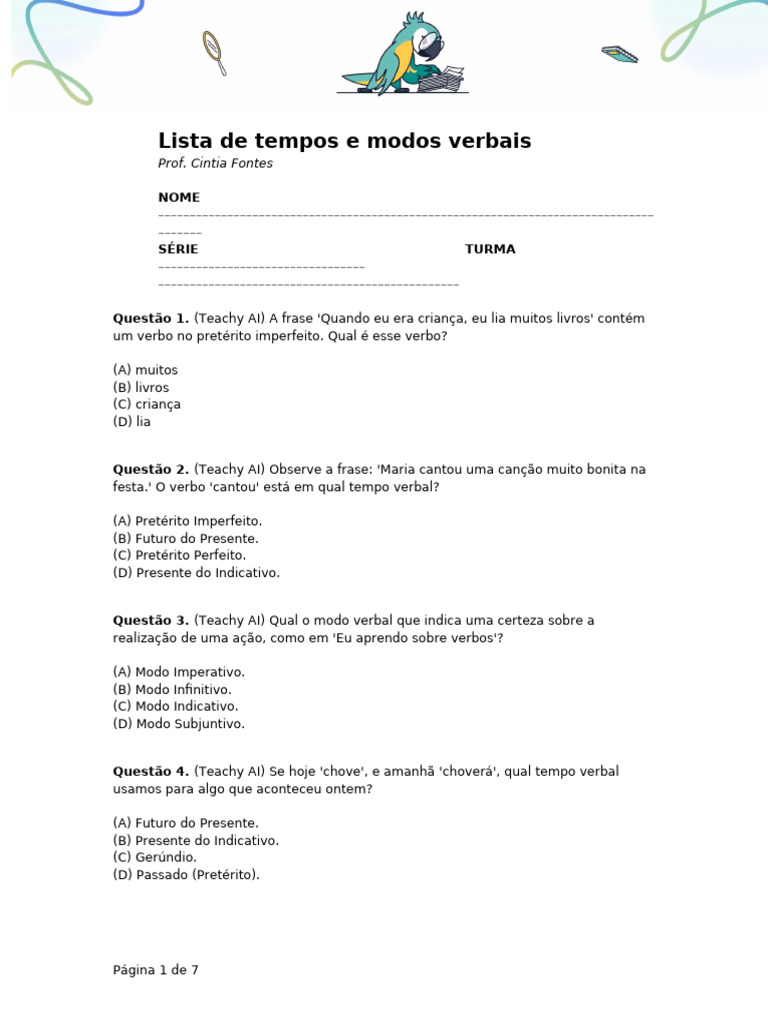 Tempos e Modos Verbais em Português | PDF | Gramática | Tipologia ...