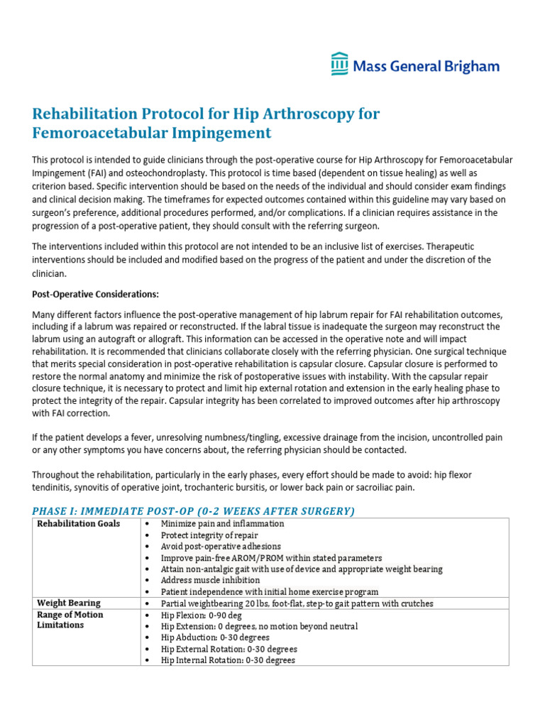 Hip Arthroscopy Rehab Protocol for FAI | PDF | Anatomical Terms Of ...