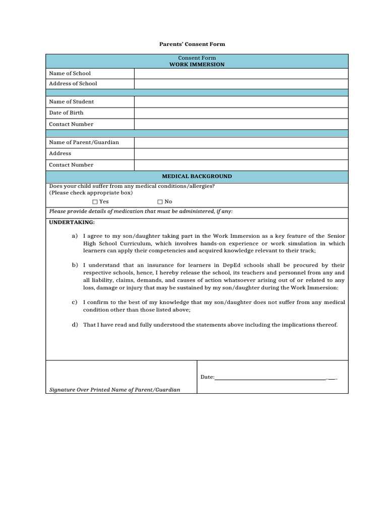 Work Immersion Parents' Consent Form | PDF