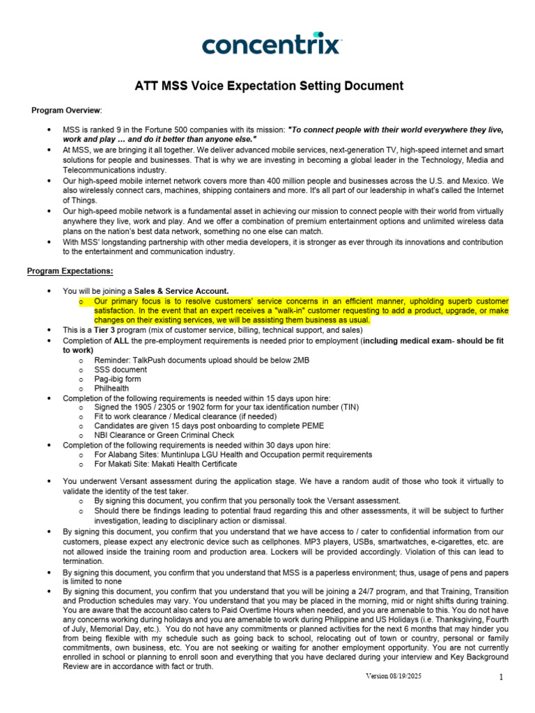 GIGA AT&T MSS Voice Agent Expectation Setting Document - 08.19 Conv ...