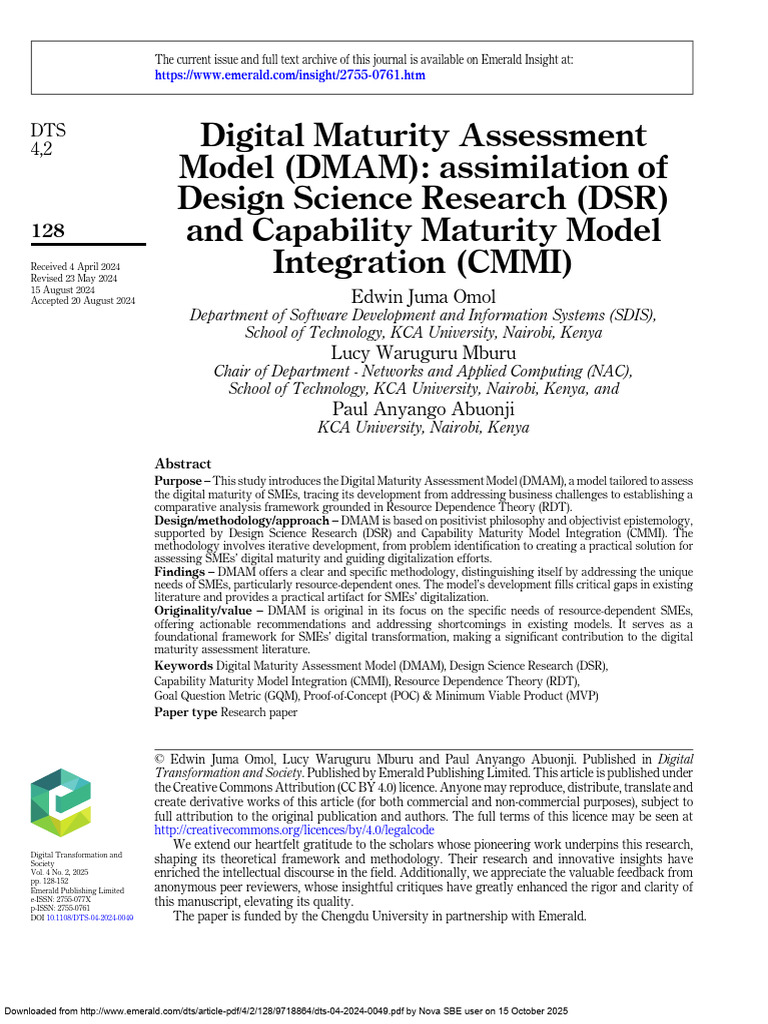 Digital Maturity Assessment Model (DMAM) - Assimilation of Design ...