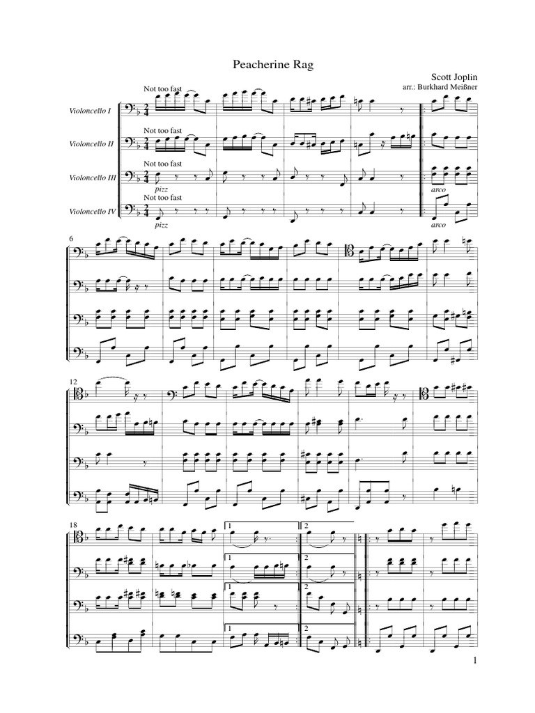 Peacherine Rag for Cello Quartet | PDF | Ragtime | African American Music