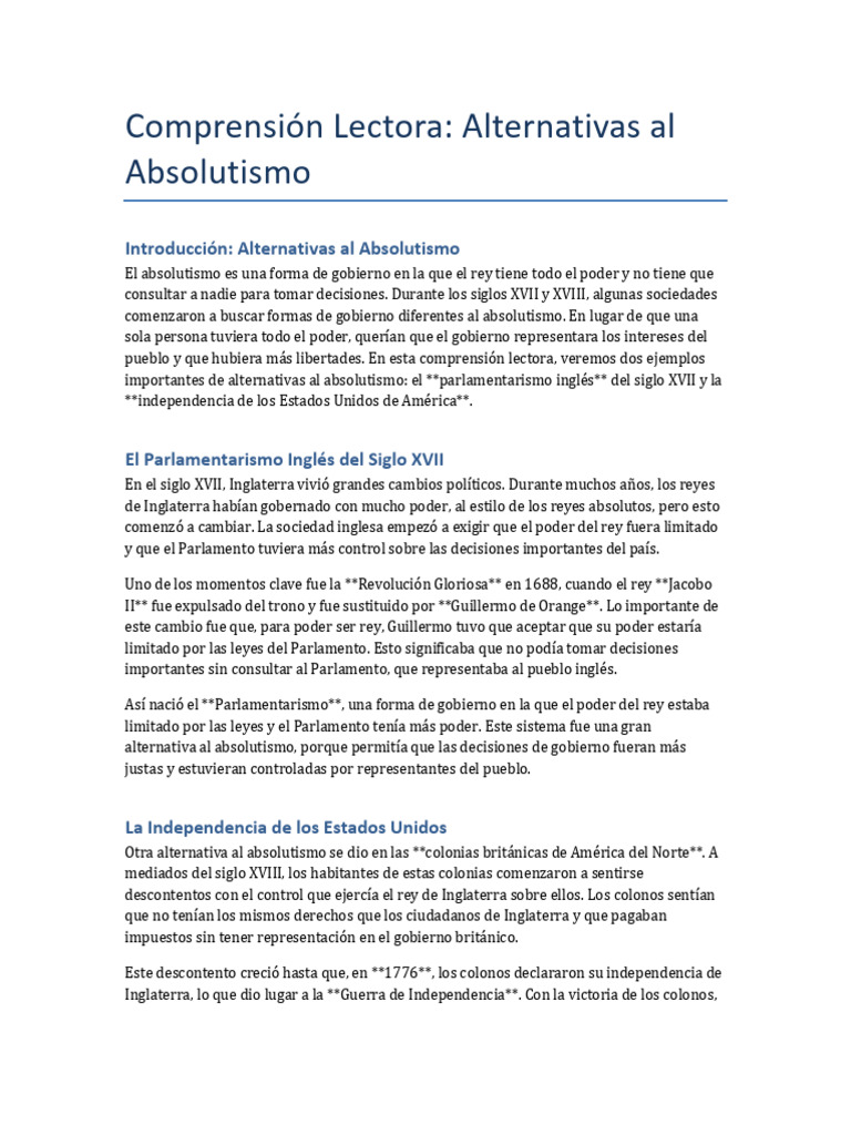 Comprensión Lectora Alternativas Al Absolutismo | PDF | Declaración de ...