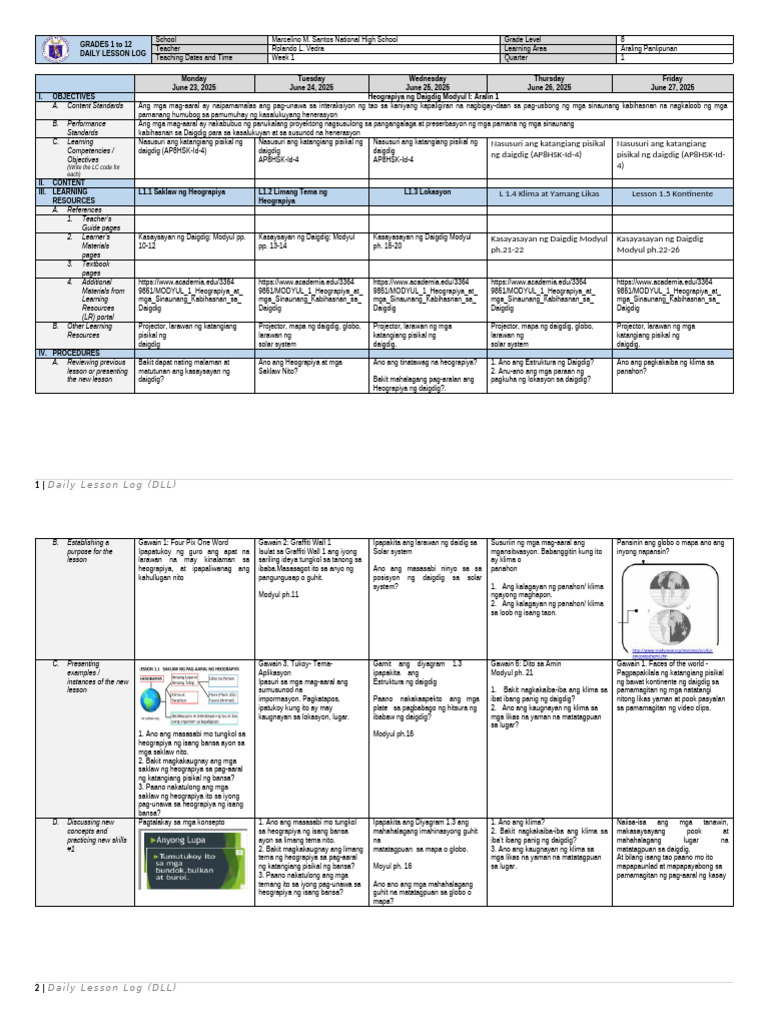 Daily Lesson Log Week 2 - 2025 2026 | PDF
