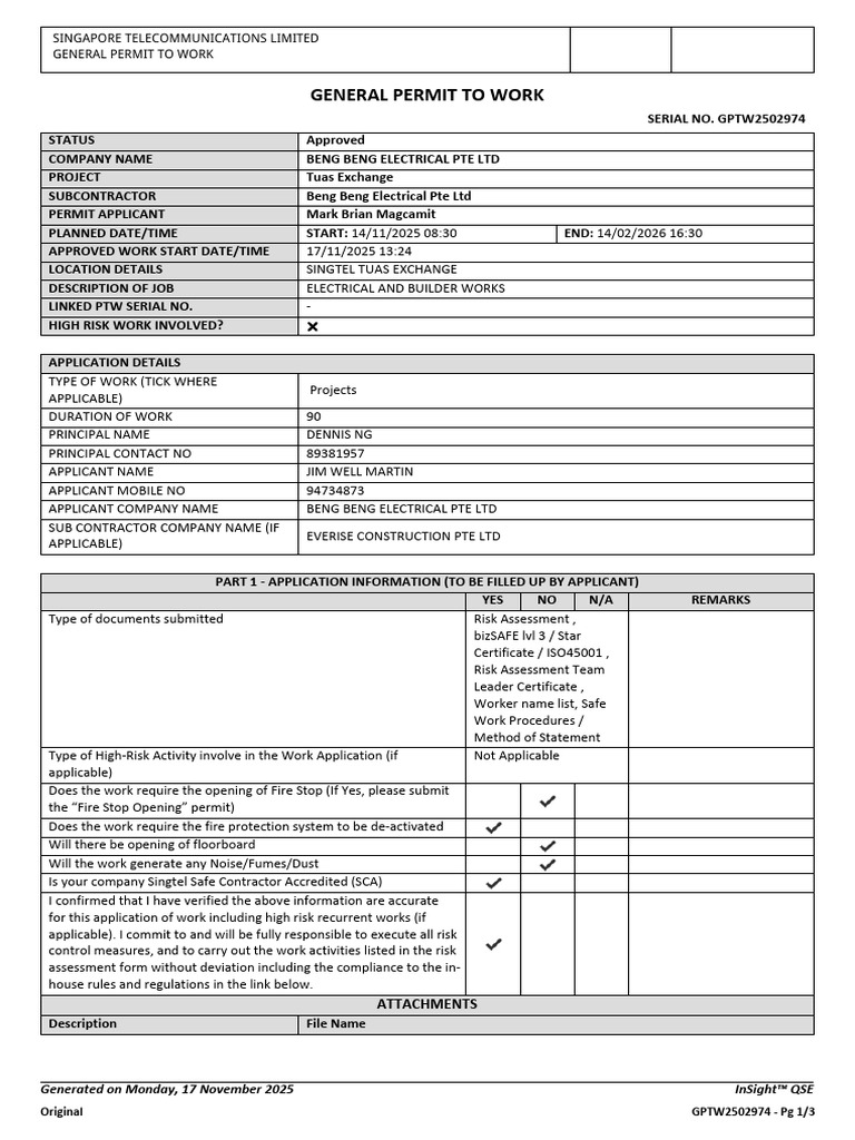 PTW General Permit To Work GPTW2502974 20251117144709 | PDF