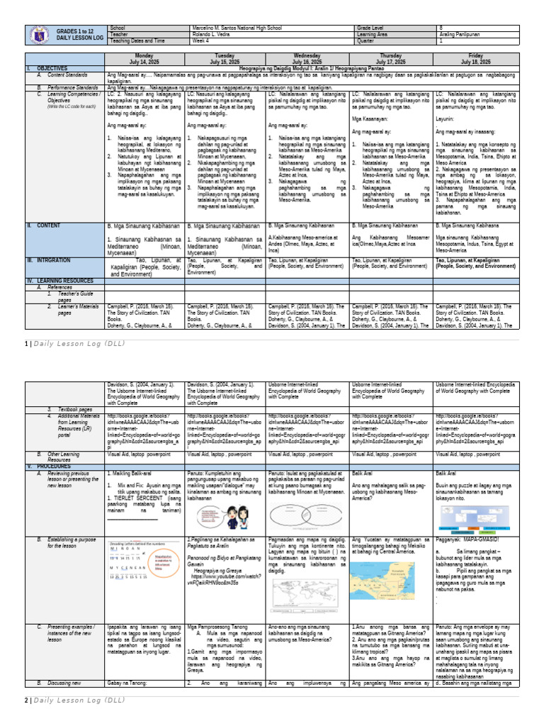 Daily Lesson Log Week 5 2025 2026 | PDF
