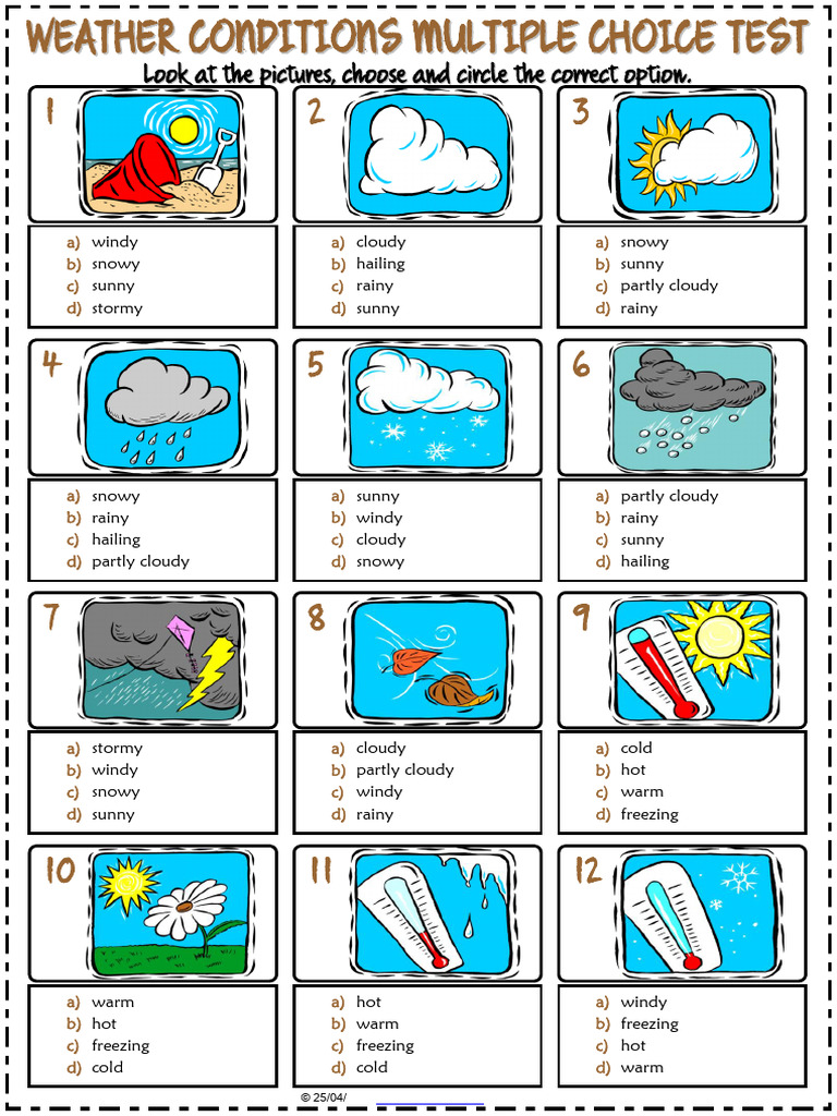 Weather Conditions Vocabulary Esl Multiple Choice Test for Kids | PDF ...