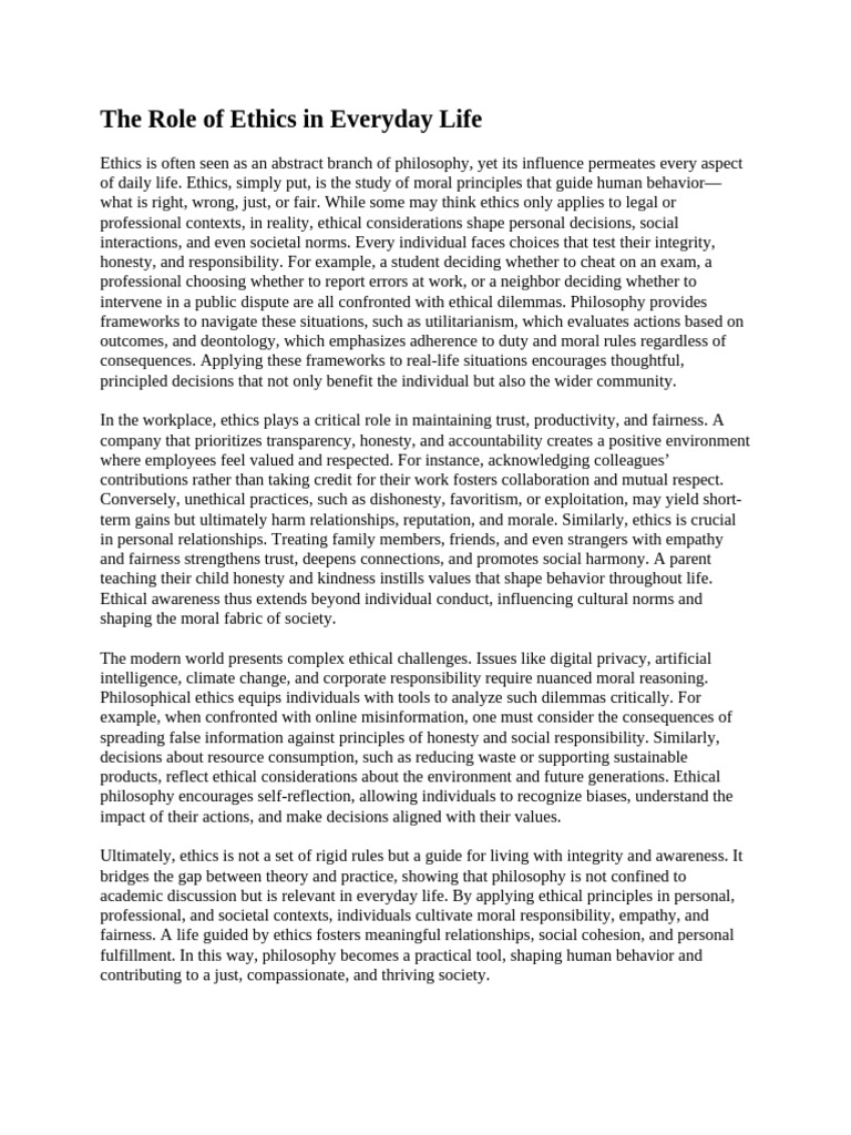 The Role of Ethics in Everyday Life | PDF | Morality | Psychological ...