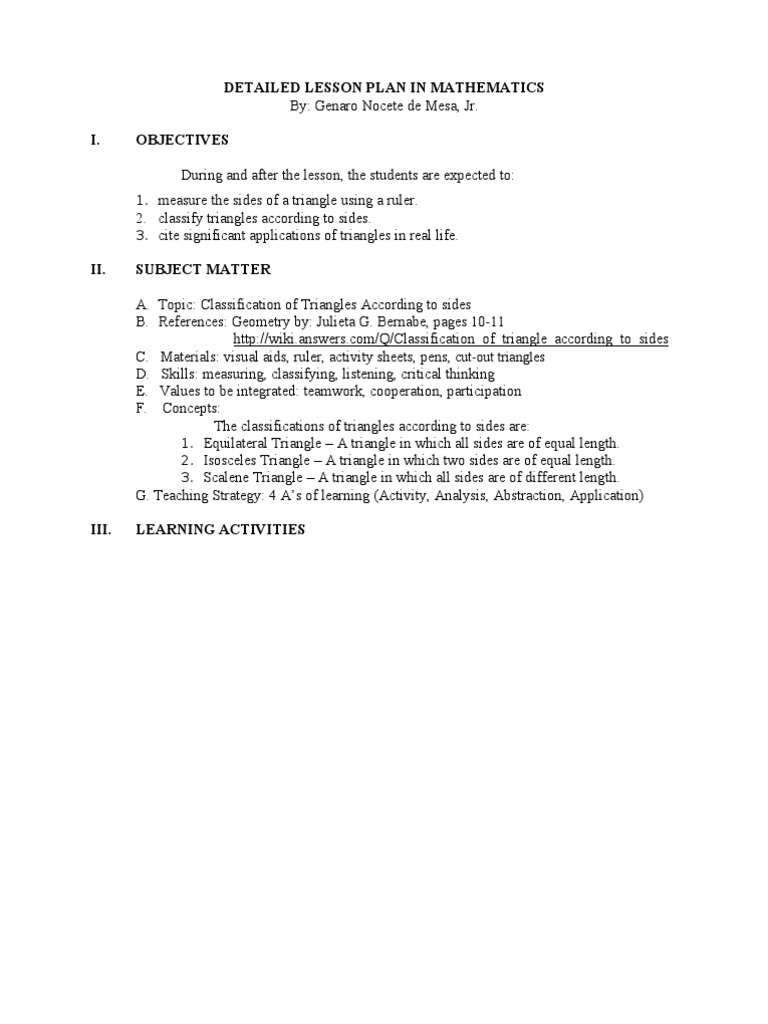 Lesson Plan: Classifying Triangles | PDF | Triangle | Learning