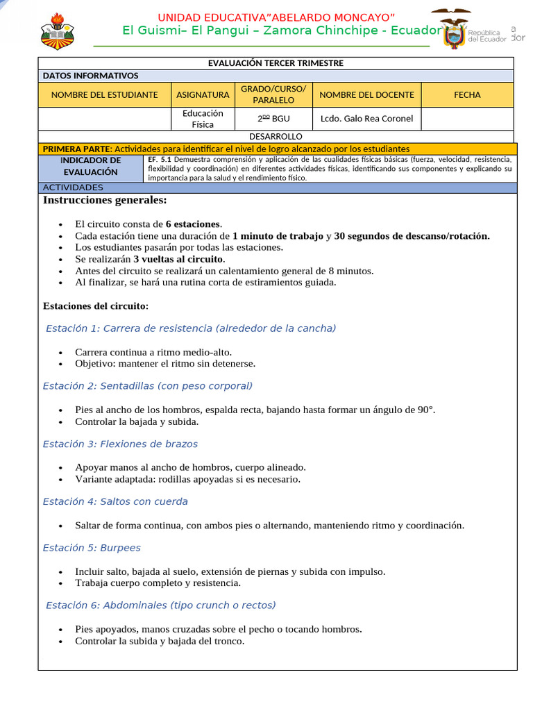 Evaluación Educación Física 2DO BGU | PDF