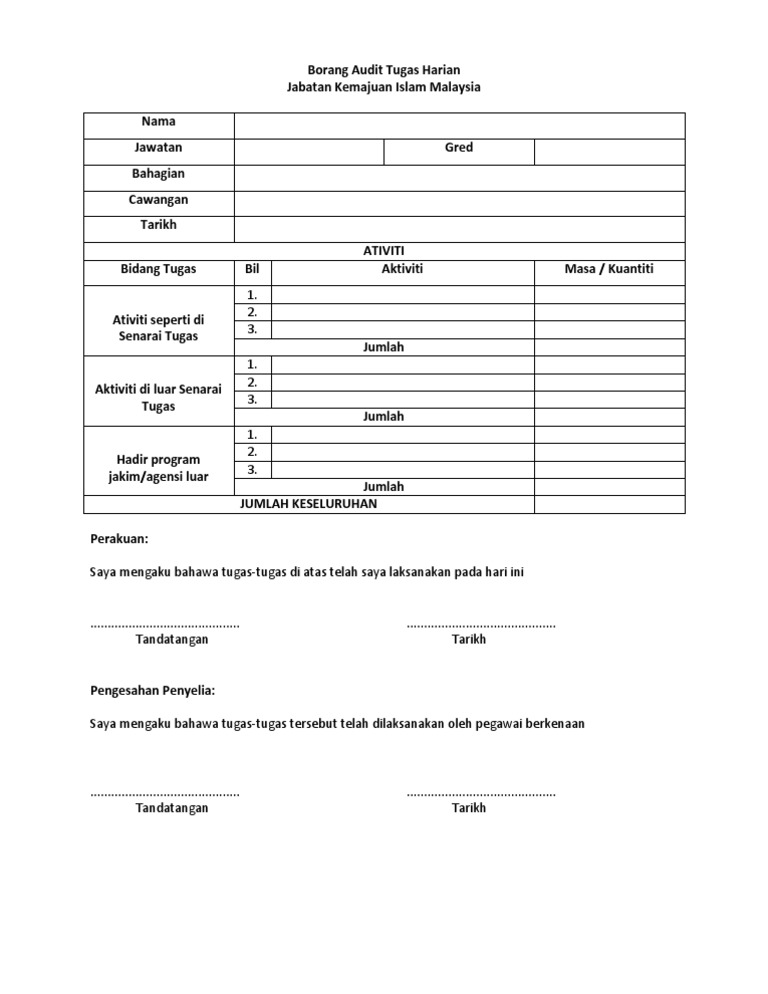 Borang Audit Tugas Harian | PDF