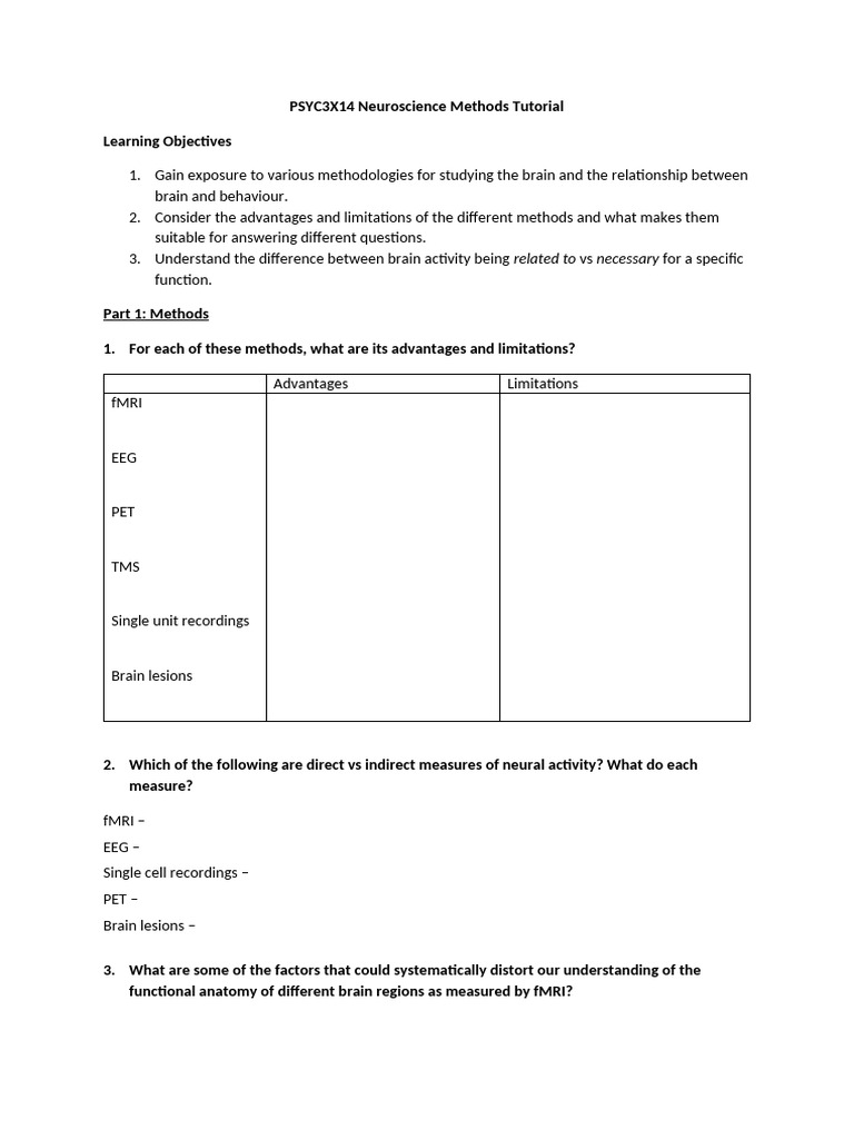 Neuroscience Methods Student Worksheet 2024 | PDF