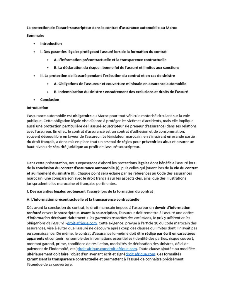 Protection de l'assuré en assurance auto au Maroc | PDF | Assurance ...