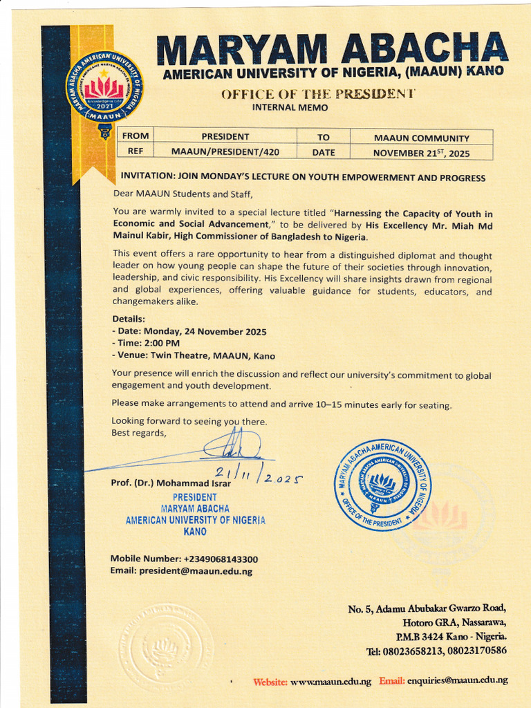 Maaun President 420-Internal Memo Invitation Join Monday's Lecture On ...