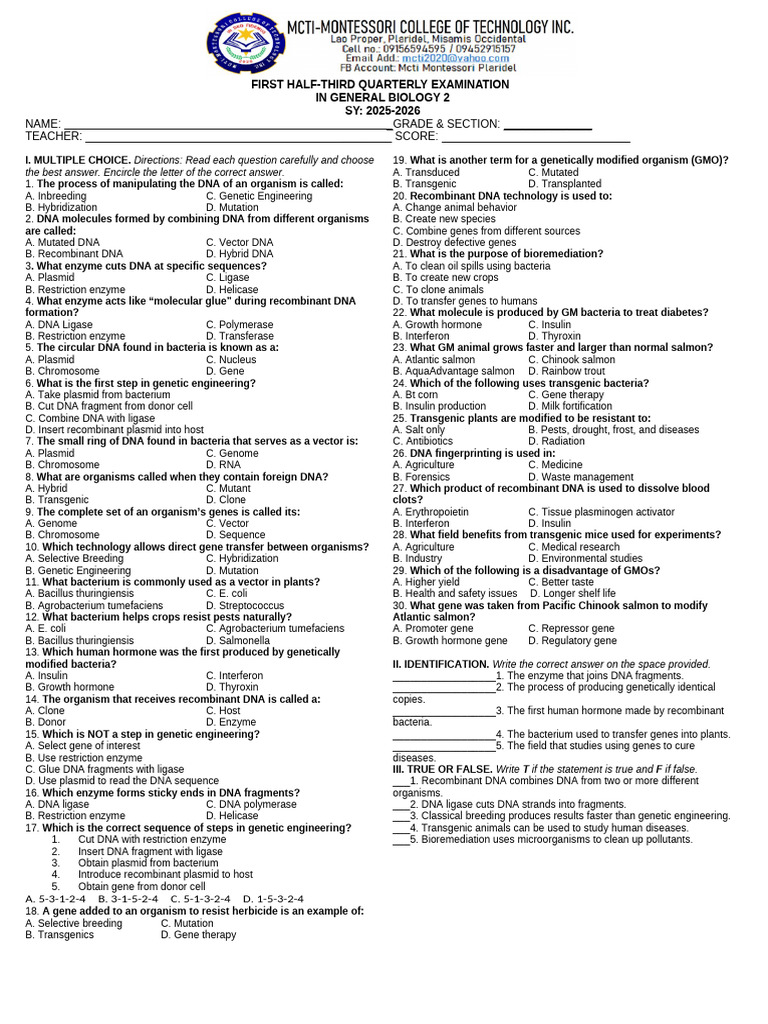 First Half -Third Quarterly Gen Bio 2 | PDF | Genetic Engineering ...