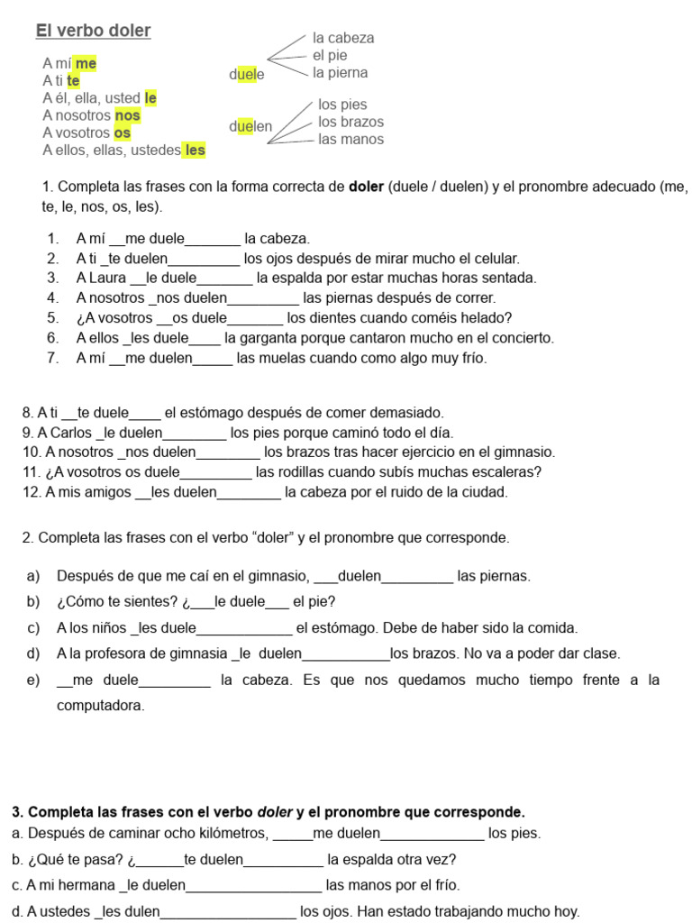 Uso del verbo "doler" en español | PDF | Verbo | Almuerzo
