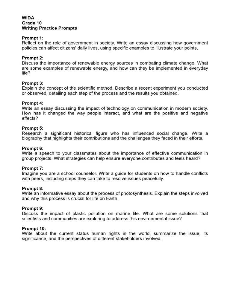 WIDA Grade 10 Writing Practice Prompts | PDF