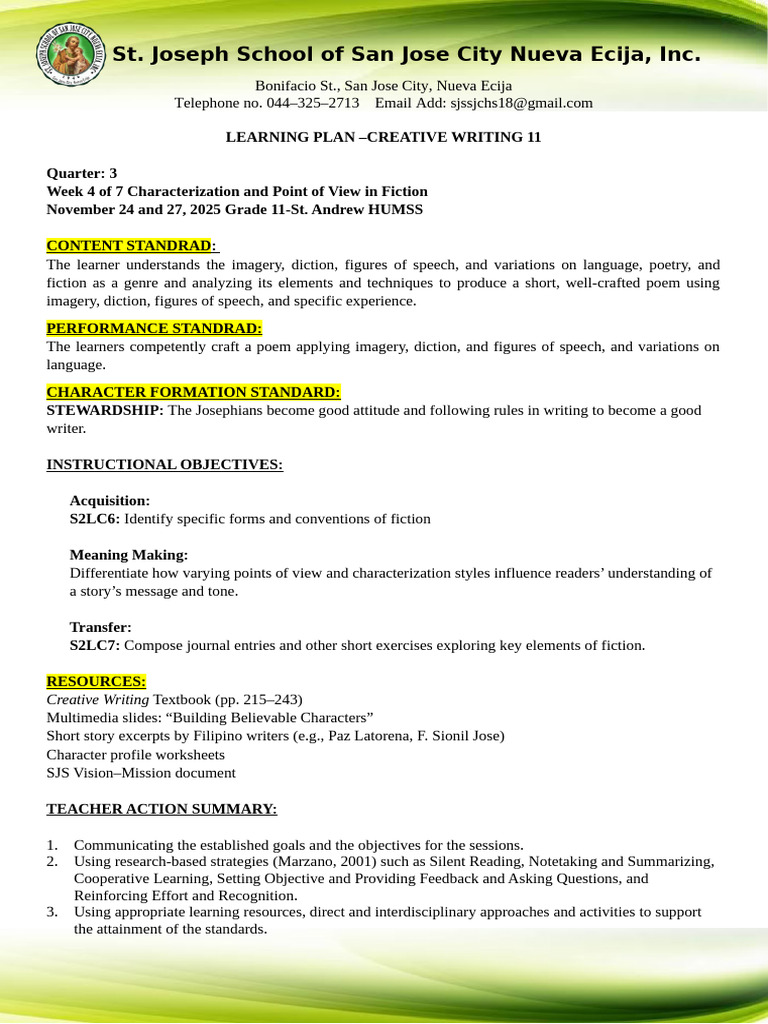 Creative Writing - Week 4 - Learning Plan | PDF | Narration | Learning