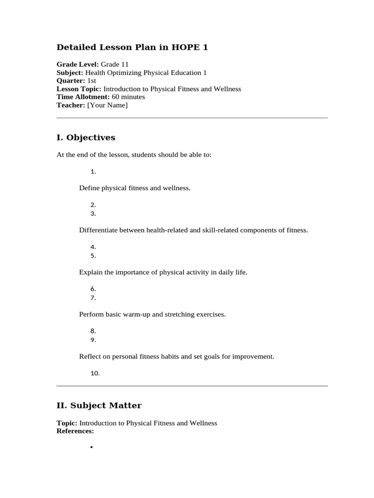 HOPE 1 Lesson Plan: Physical Fitness Intro | PDF | Physical Fitness ...