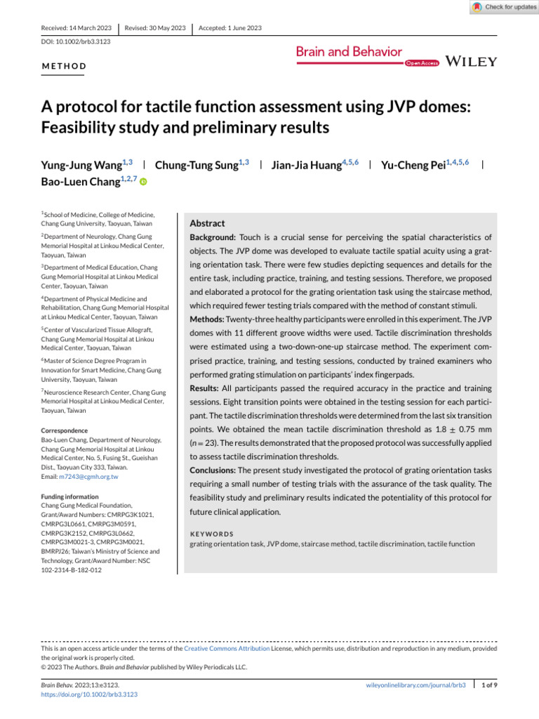 Brain and Behavior - 2023 - Wang - A Protocol for Tactile Function Assessment Using JVP Domes ...