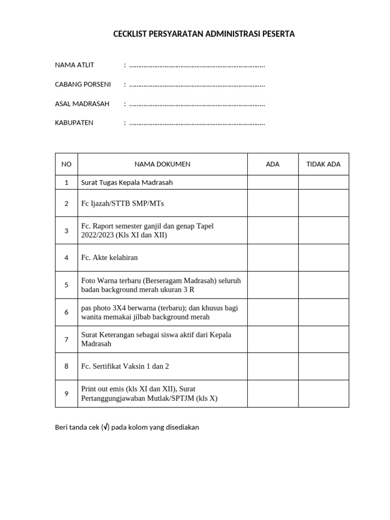 Checklist Persyaratan Administrasi Atlet | PDF