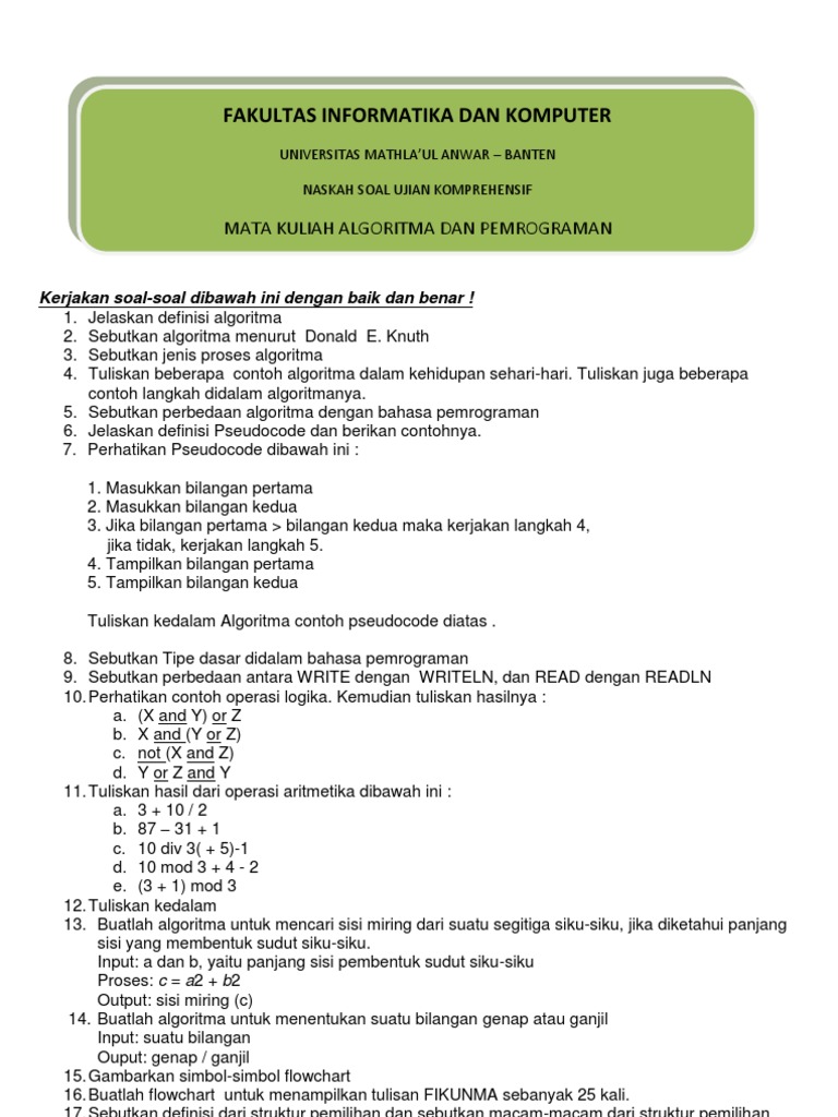 Soal Komprehensif Algoritma Dan Pemrograman | PDF | Komputer | Teknologi & Rekayasa