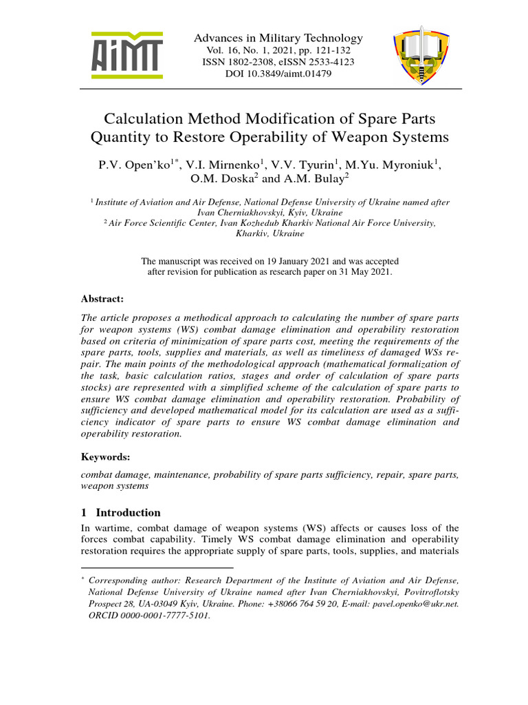 Spare Parts Calculation for Weapon Systems | PDF | Reliability ...
