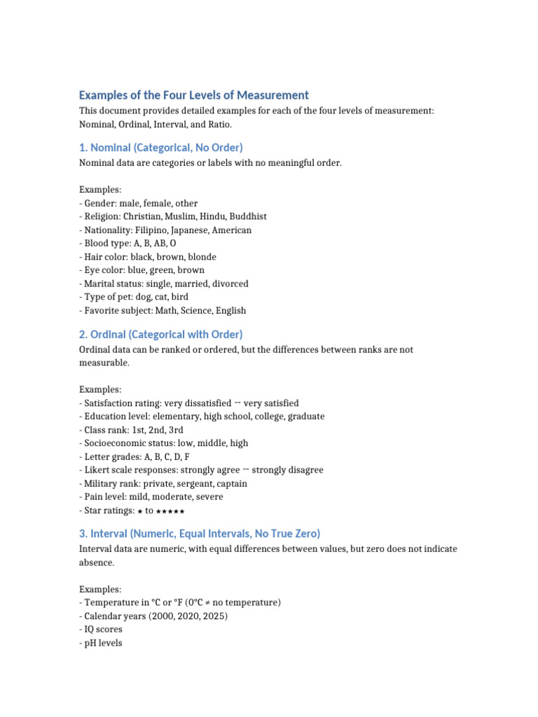 Four Levels of Measurement Examples | PDF