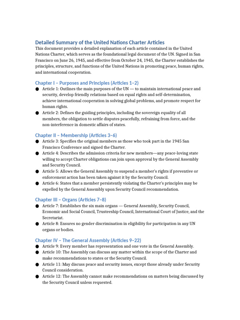 Summary of UN Charter Articles Explained | PDF | United Nations ...