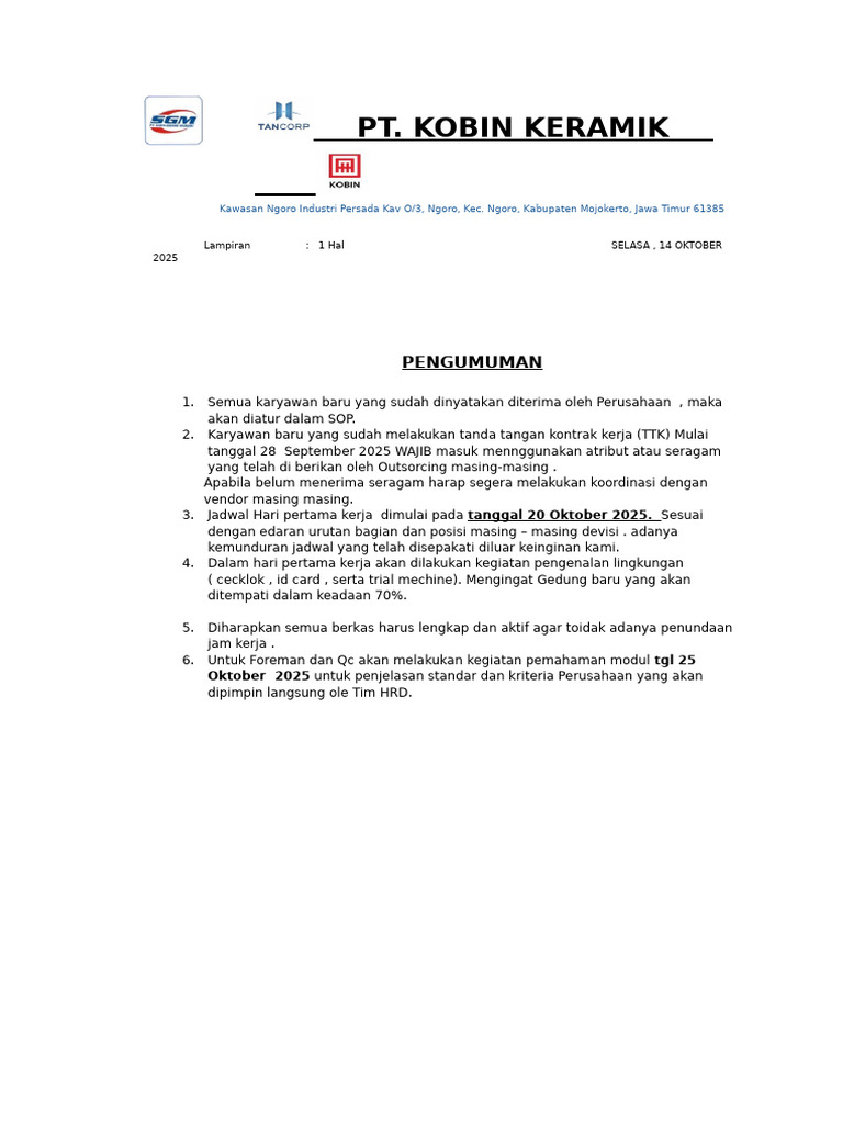 Pengumuman Karyawan Baru PT. Kobin Keramik | PDF