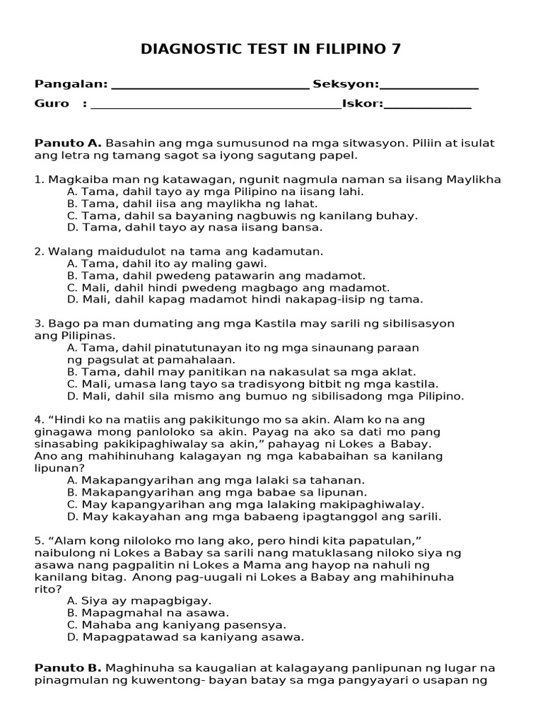 Diagnostic Test - Filipino 7 v2 | PDF