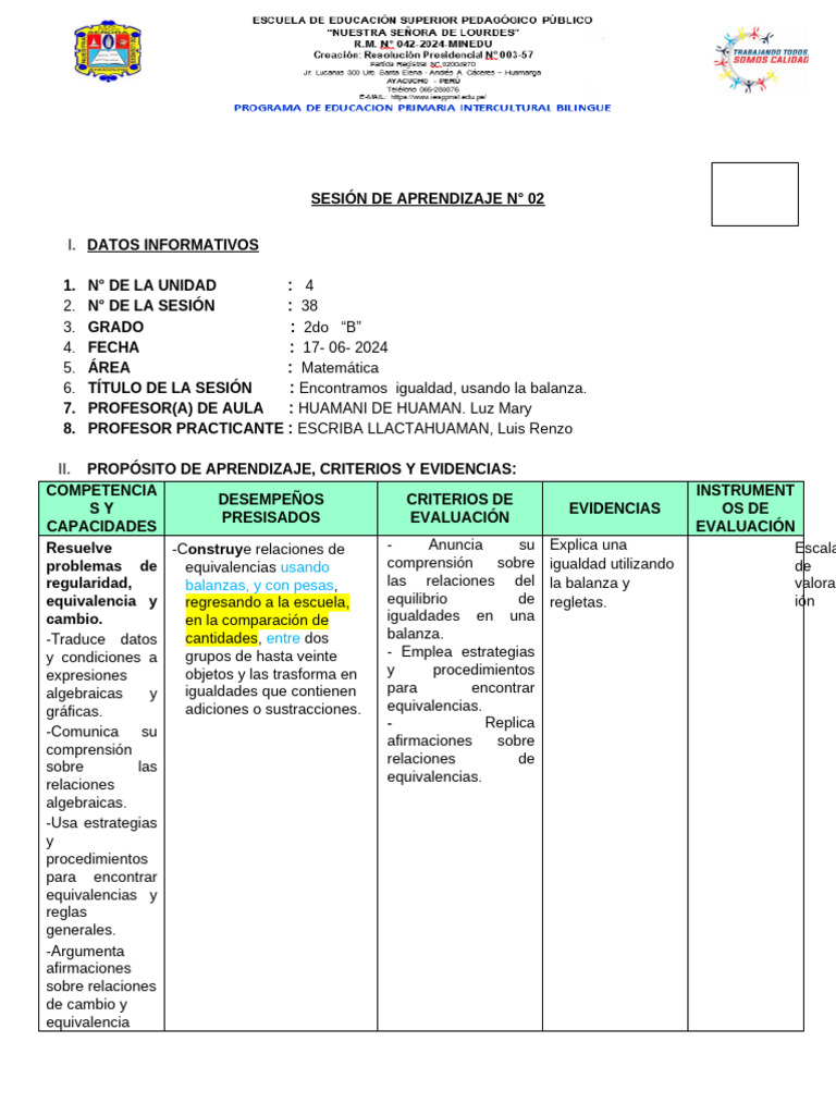 Sesion de Aprendizaje Igualdad Yanama | PDF | Evaluación | Conocimiento ...