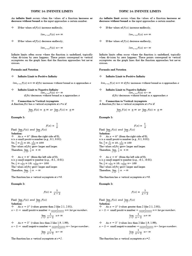 Topic 14 Infinite Limits Handouts | PDF | Infinity | Limit (Mathematics)