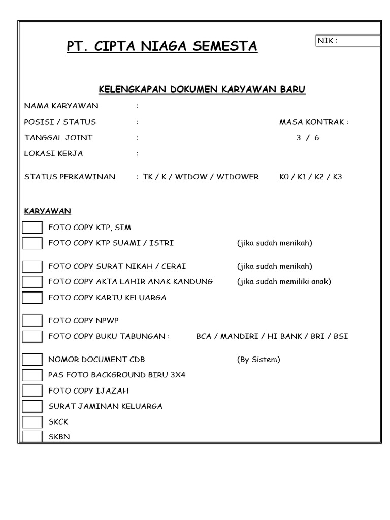 Form Checklist Karyawan Baru | PDF