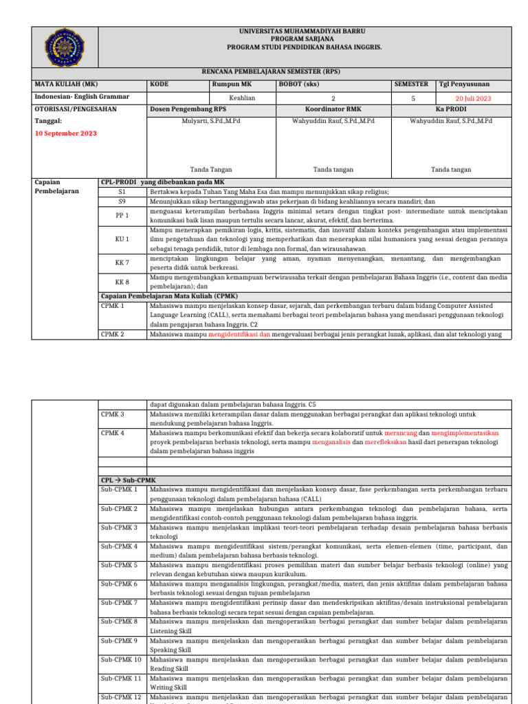 RPS Pembelajaran CALL Bahasa Inggris | PDF