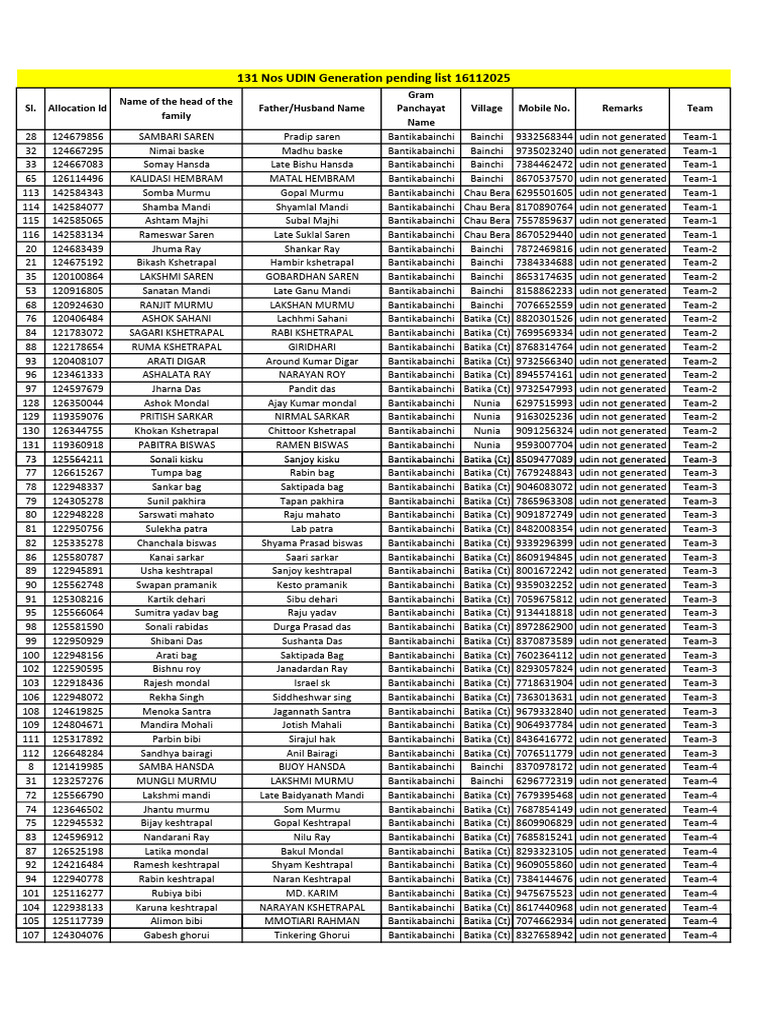 Team Wise UDIN Generation Pending List 16112025 | PDF