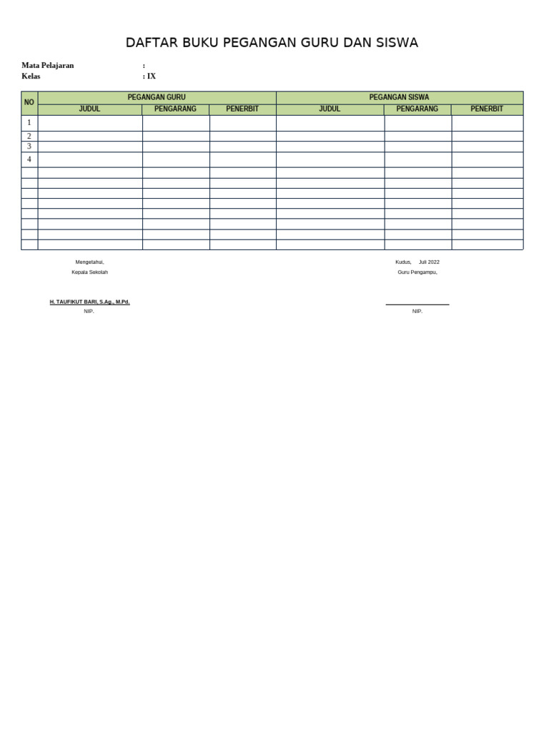 Daftar Buku Pegangan Guru Dan Siswa Blanko | PDF