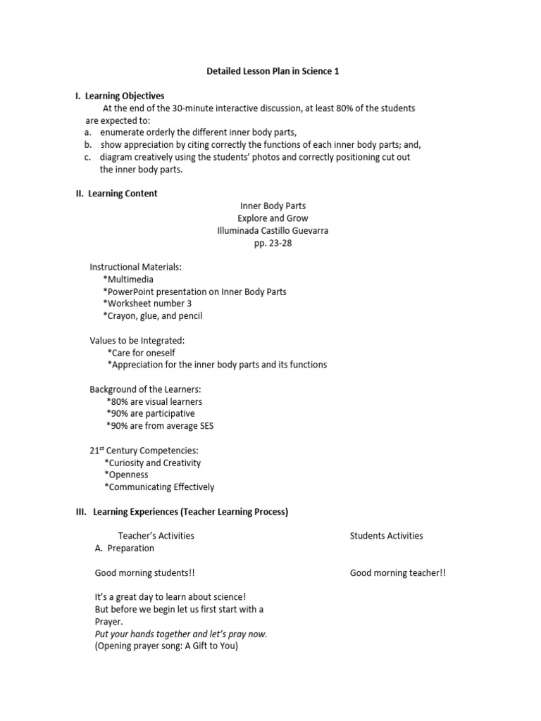 Inner Body Parts Lesson Plan for Kids | PDF | Learning