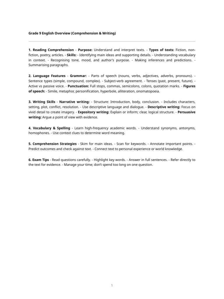 Grade 9 English Comprehension & Writing Guide | PDF