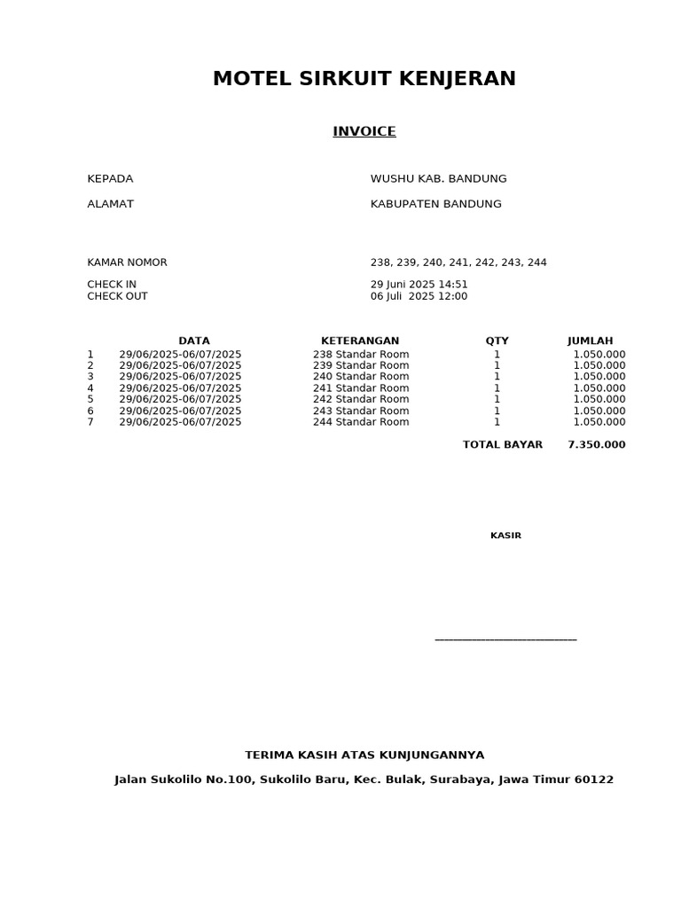 Invoice Pemesanan Kamar Motel Kenjeran | PDF