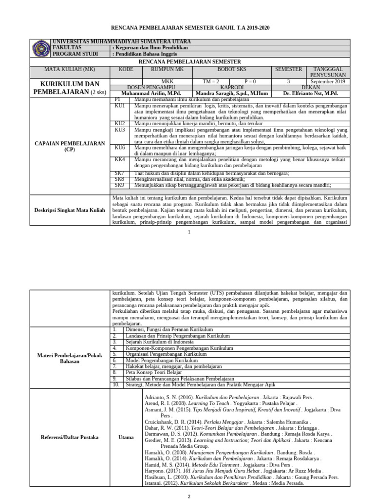 Rencana Pembelajaran Kurikulum 2019 | PDF