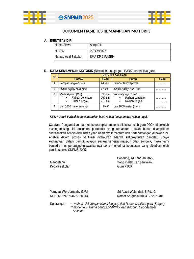 Hasil Tes Kemampuan Motorik Siswa | PDF