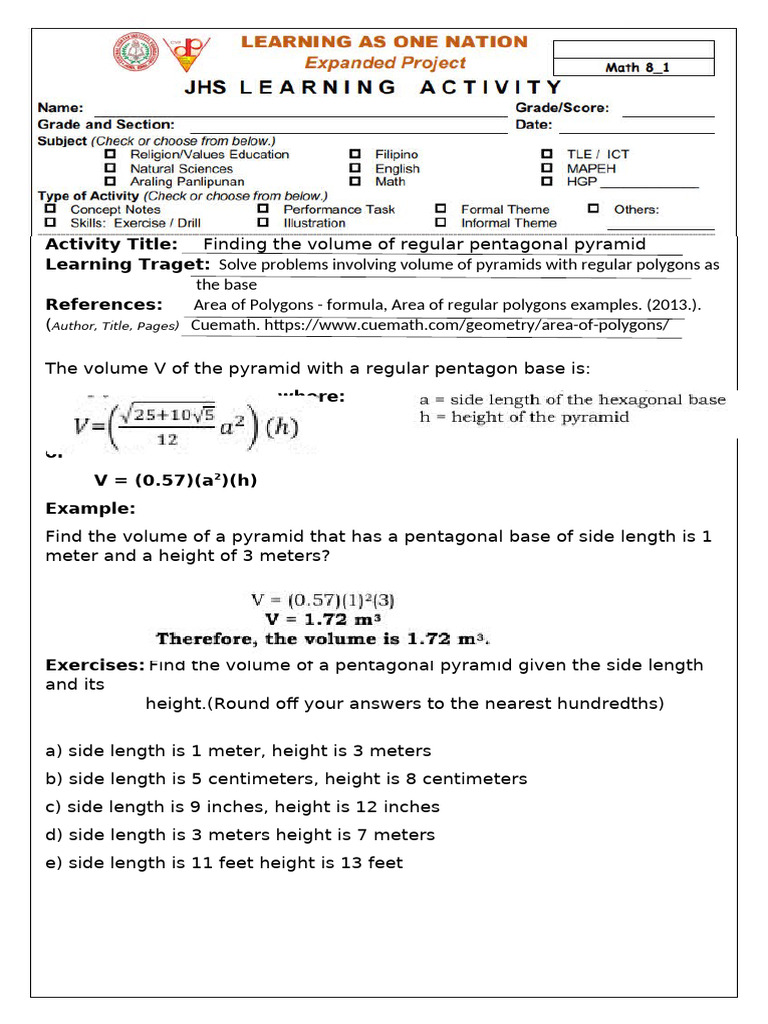 Volume of a Pentagonal Pyramid | PDF