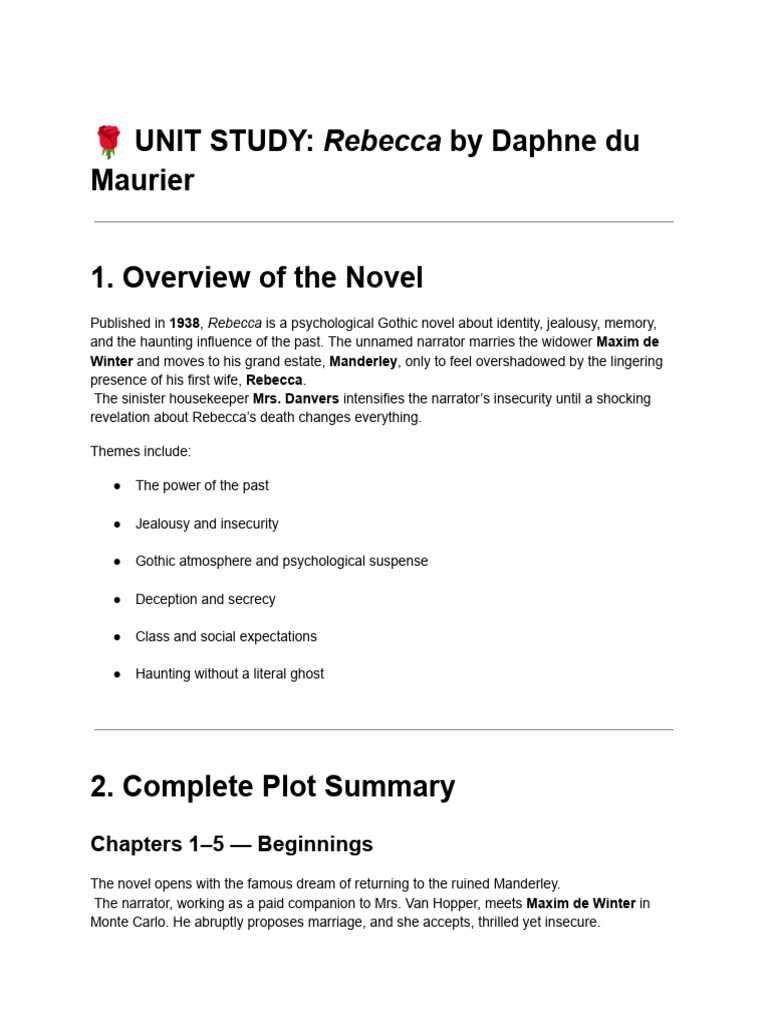 UNIT STUDY Rebecca by Daphne du Maurier | PDF