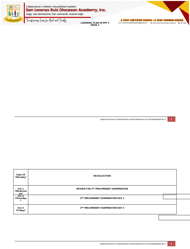 EPP 5 Week 2 Learning Plan | PDF