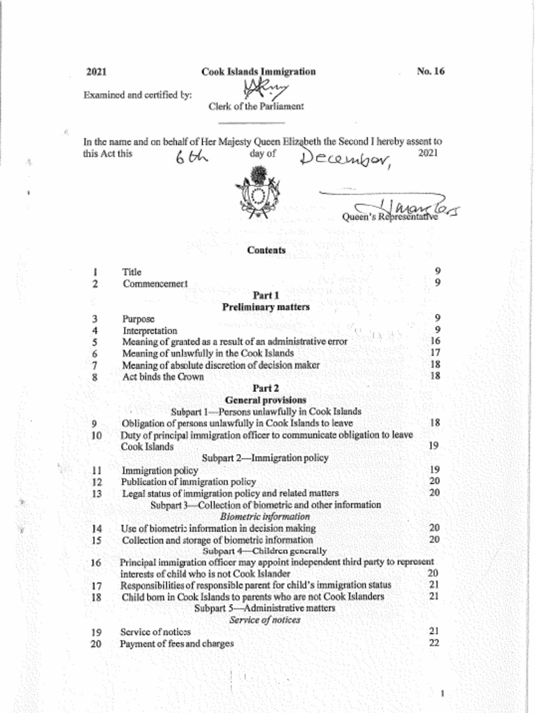 Cook Islands Immigration Act (2021) | PDF
