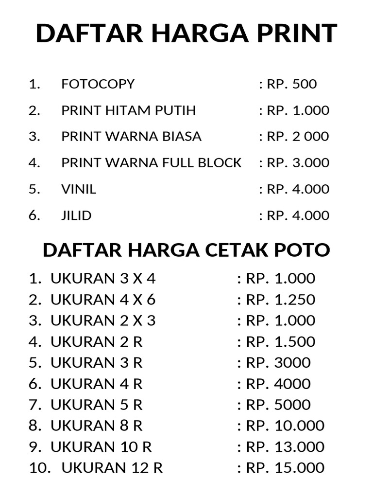 Daftar Harga Print | PDF