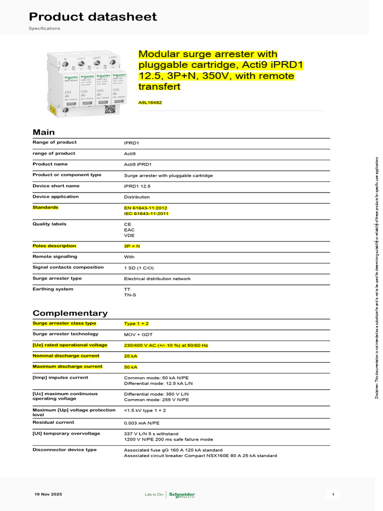 Schneider Electric Acti 9 IPRF1 PRD1 A9L16482 | PDF | Power (Physics ...