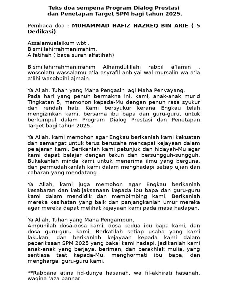 Doa untuk SPM 2025: Harapan dan Usaha | PDF