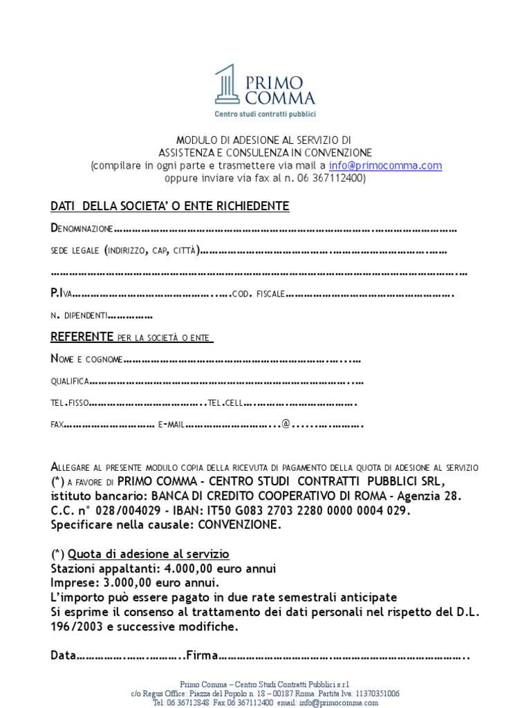 Primo Comma Srl - Modulo e Condizioni Del Servizio Di Convenzione
